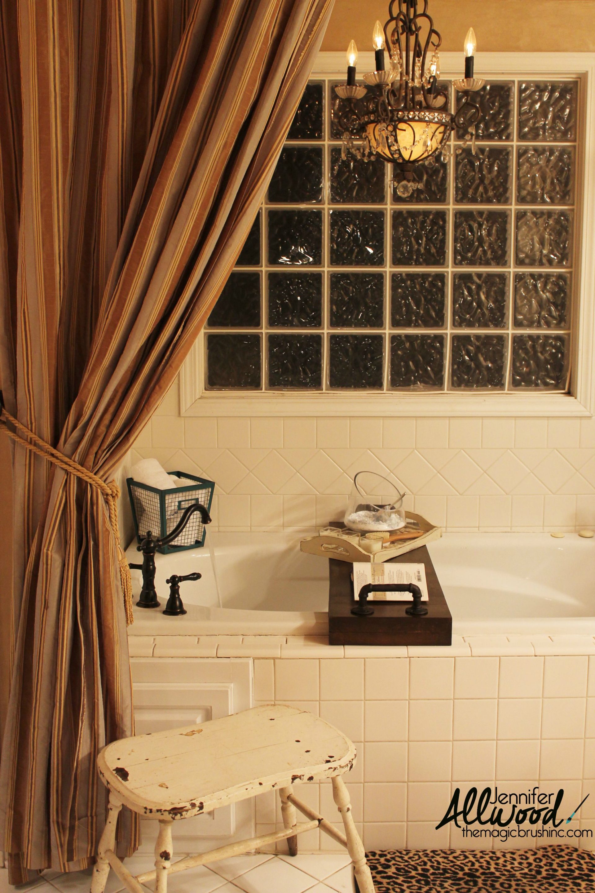 My bath curtain. My bronze truffle cabinets. My lack of sewing skills ...